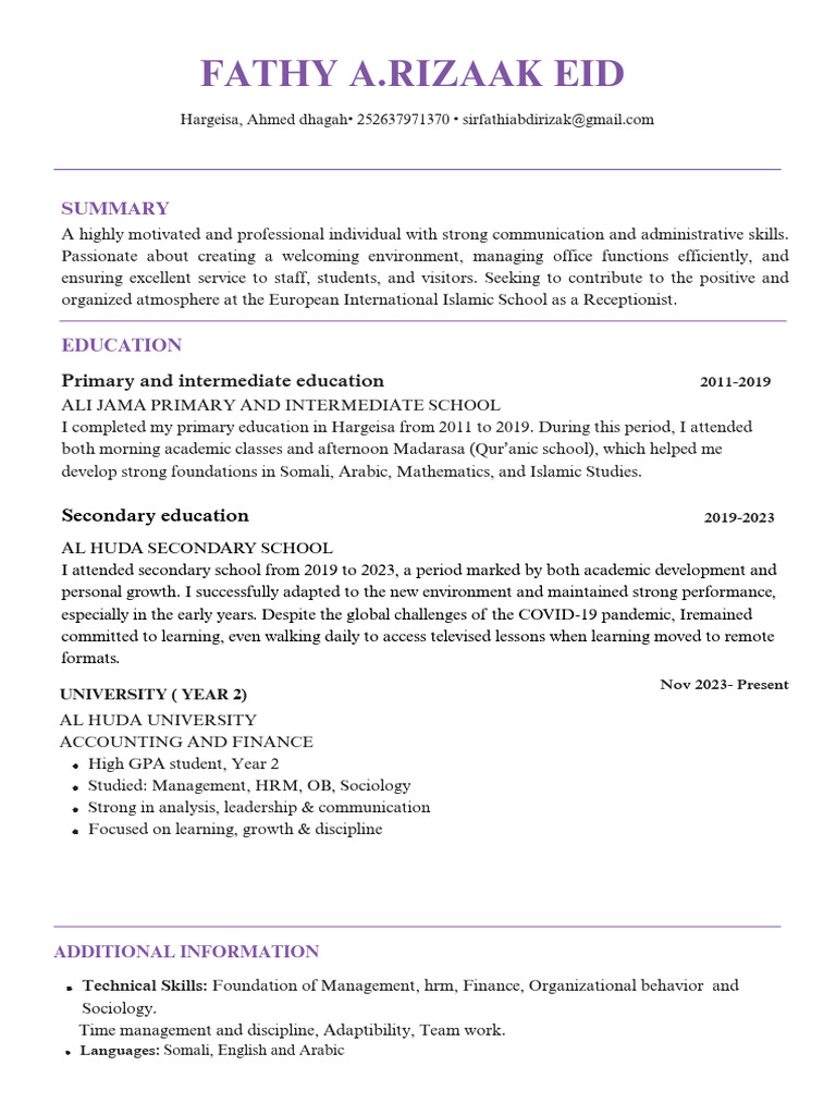 Fathy A. Rizak: Receptionist Profile | PDF