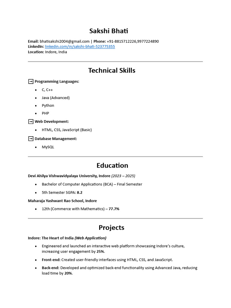 Sakshi Bhati Resume Detailed | PDF | World Wide Web | Internet & Web