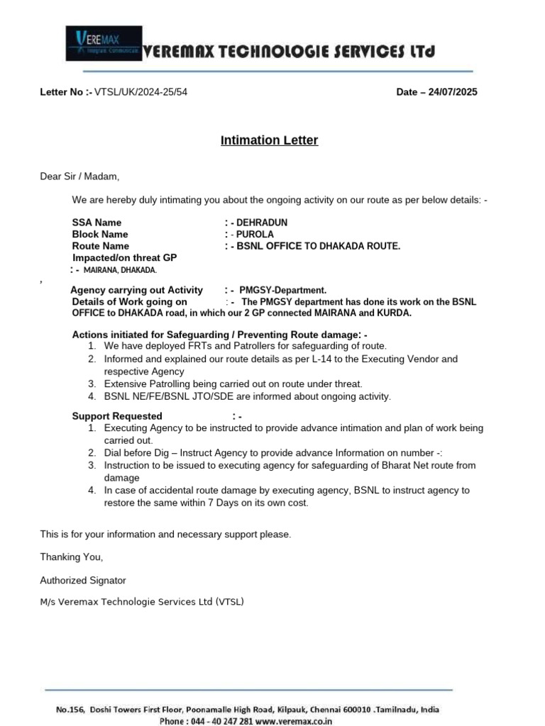 DHAKADA Route. Intimation Letter of Ongoing Work - PMGSY - PUROLA | PDF