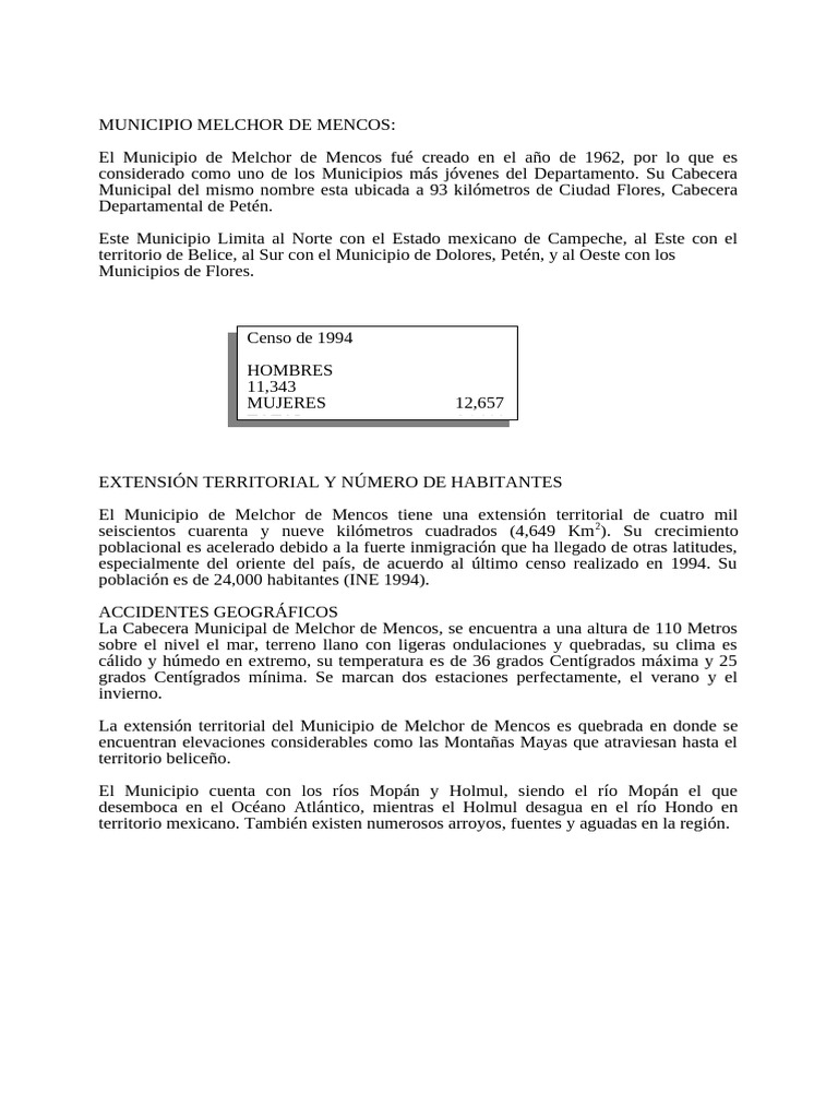 Melchor de Mencos: Historia y Geografía | PDF