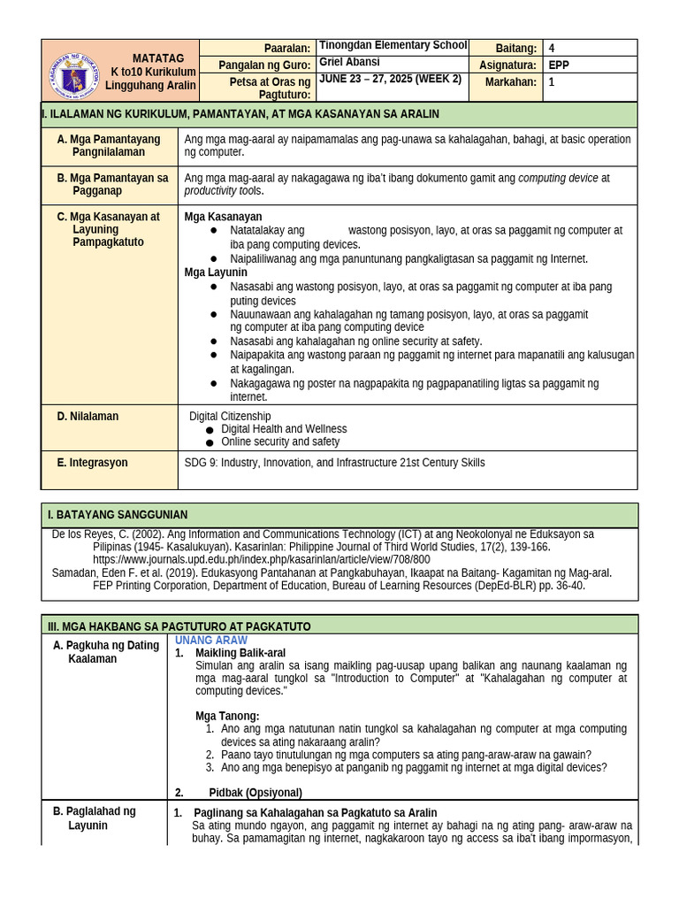 DLP Matatag - Epp 4 Q1 W2 Griel | PDF
