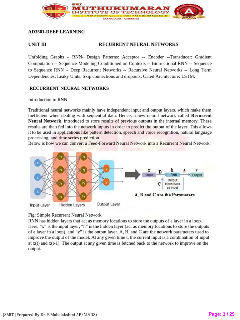 Deep Learning - AD3501 - Notes - Unit 3 - Recurrent Neural Networks ...