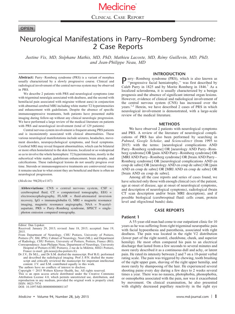 Neurological Manifestations in Parry Romberg Syndrome | PDF | Neurology ...