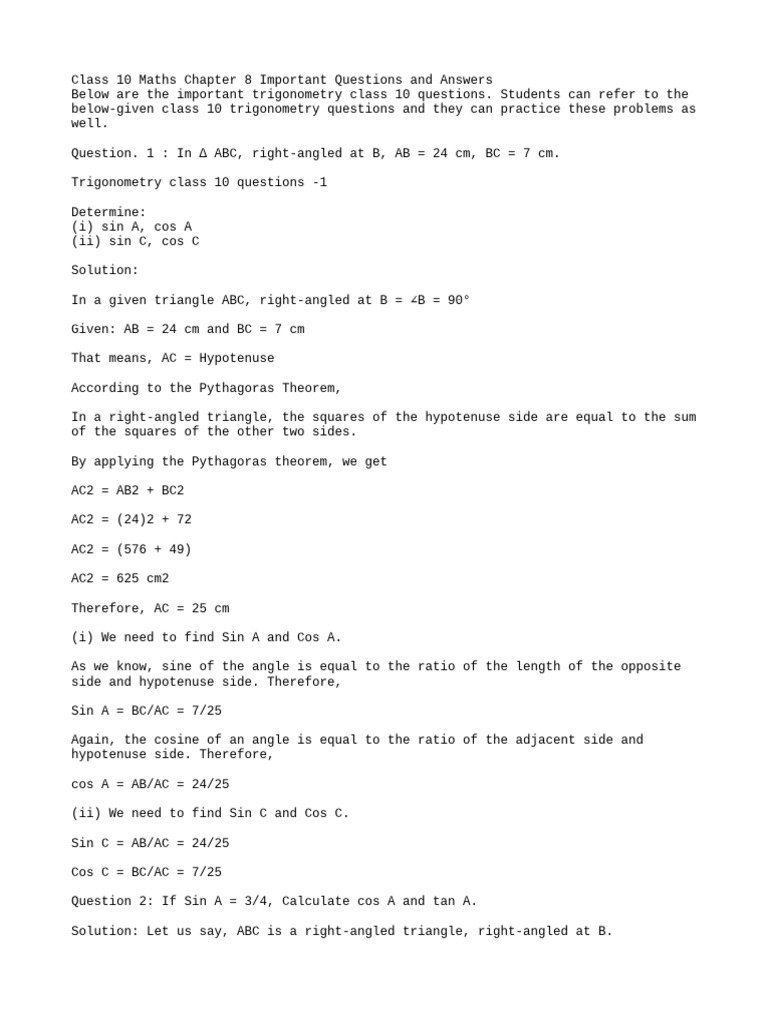 Class 10 Chapter 8 Practice Questions | PDF | Trigonometry | Teaching Mathematics