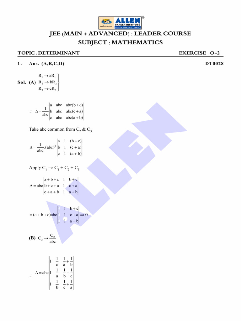 Determinant - Exercise - Solution | PDF