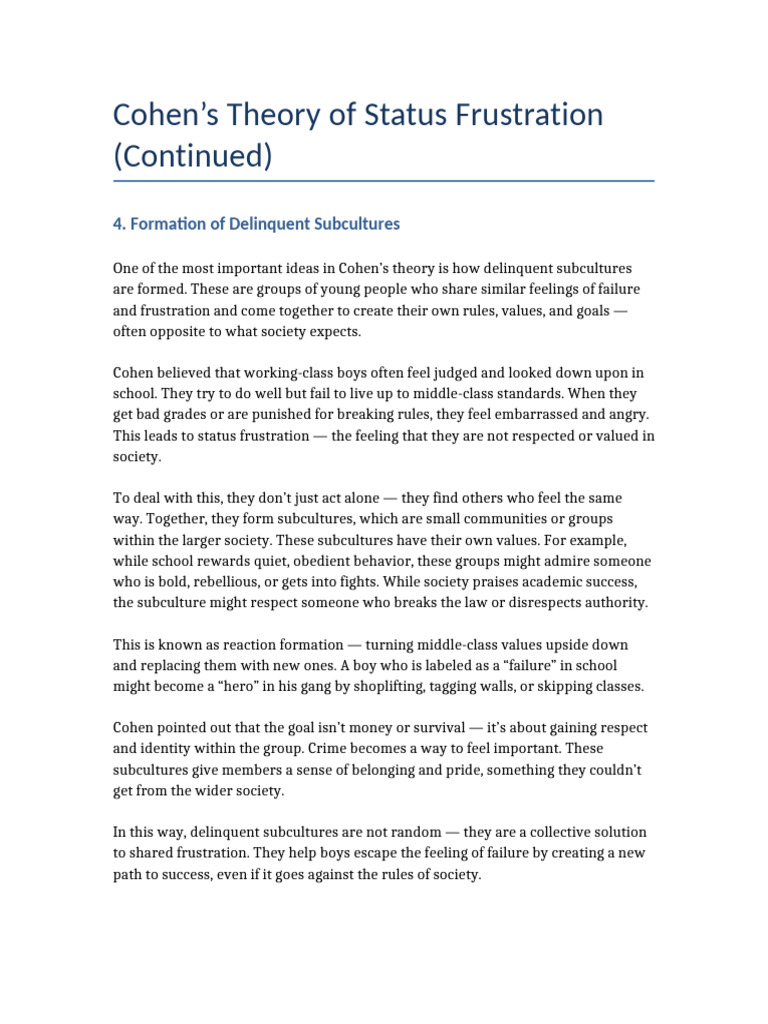 Cohens Theory of Status Frustration Part2 | PDF | Juvenile Delinquency ...