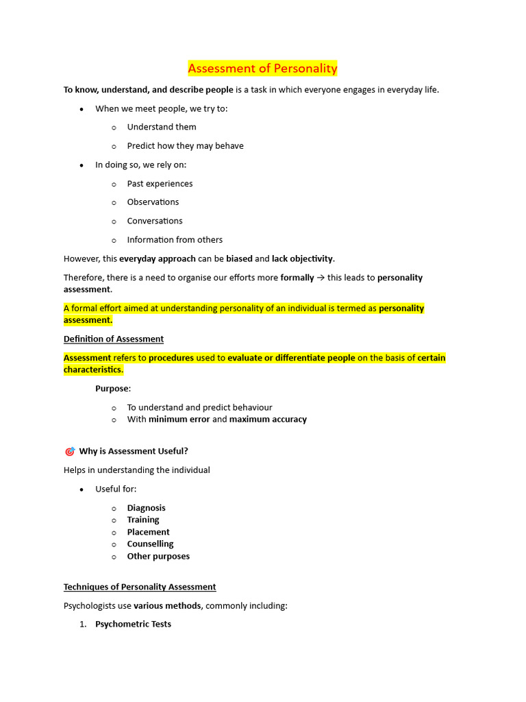 Assessment of Personality Class 12 | PDF | Cognition | Behavioural Sciences