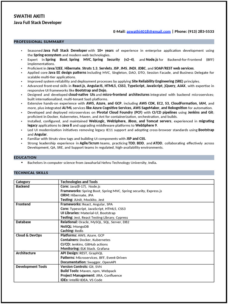 Swathi - Java Full-Stack Developer Resume | PDF | Java (Programming Language) | J Query