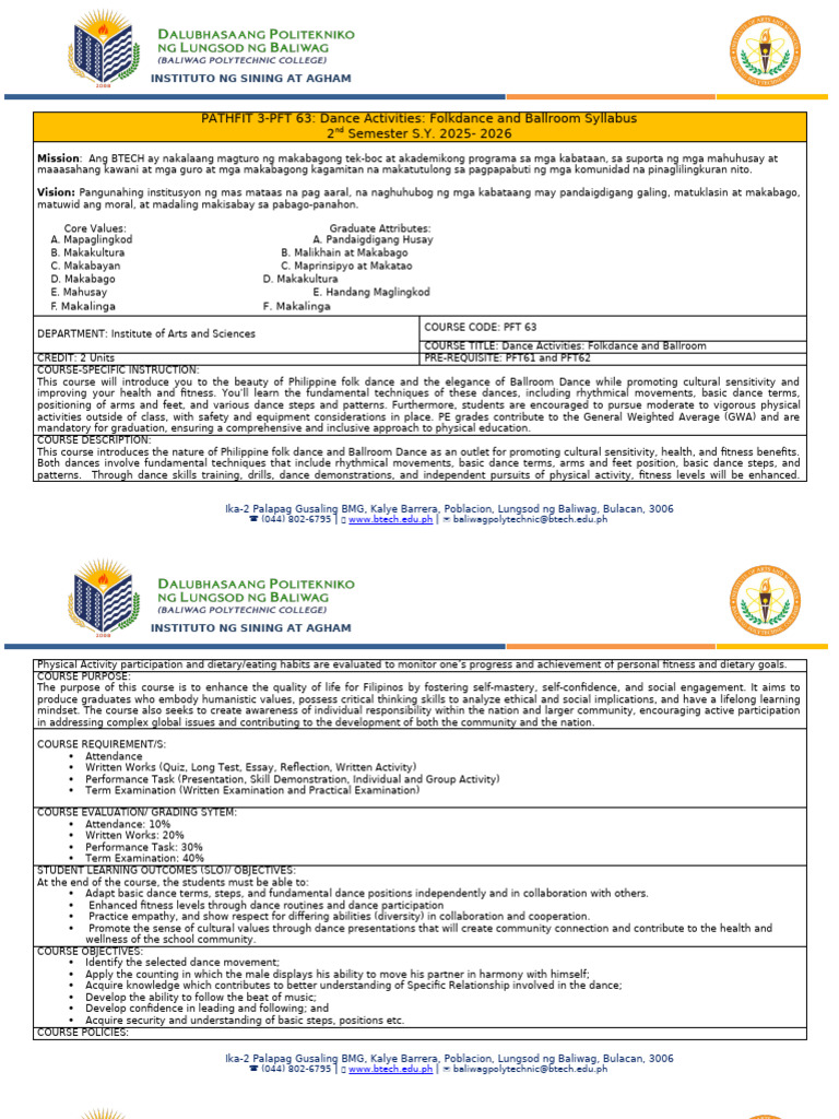 PFT 63-Dance Activities Sylabus | PDF | Academic Integrity | Safety