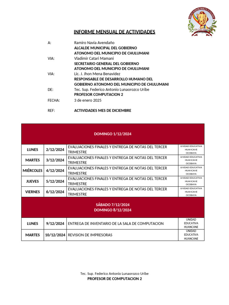 Informe Mensual de Actividades | PDF