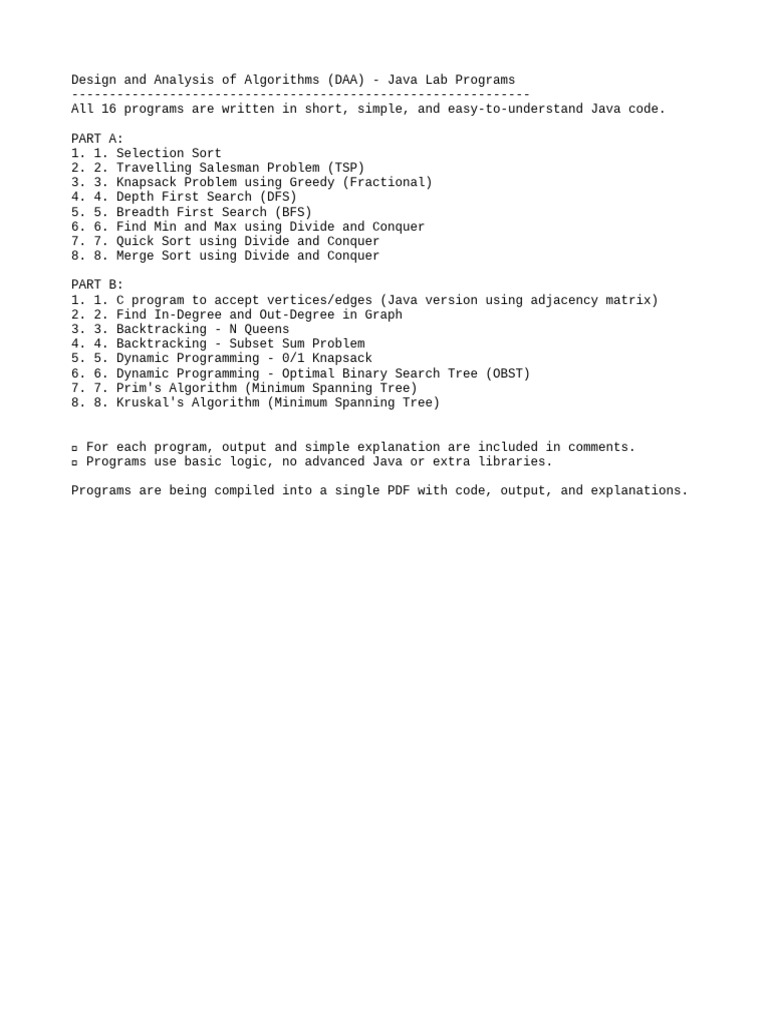 DAA Lab Java Simple Solutions | PDF