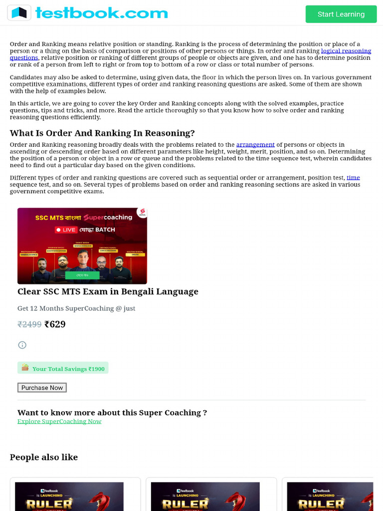 Order and Ranking Reasoning, Key Concepts, Solved Examples Here! | PDF