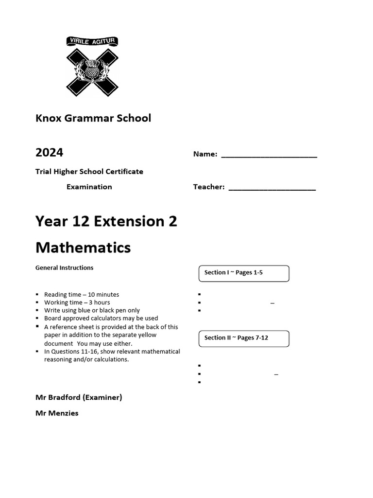 HSC 2024 Extension 2 Trial Exam | PDF | Velocity | Complex Number