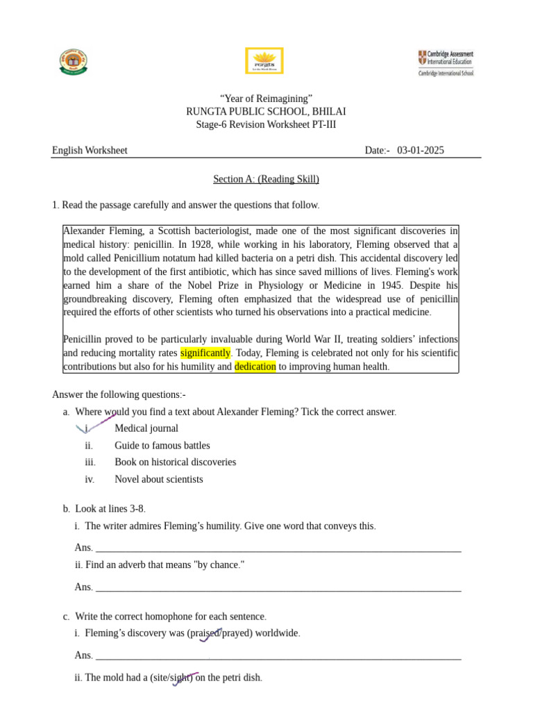 Stage 6 - Revision Worksheet PT-III Worked | PDF | Penicillin
