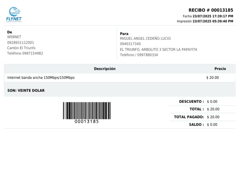 Recibo de Internet Banda Ancha 150Mbps | PDF