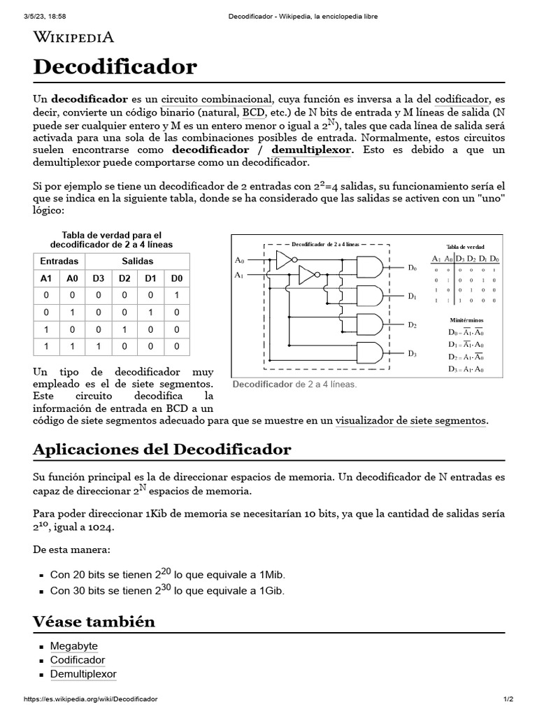 Decodificador: Funciones y Aplicaciones | PDF | Wikipedia | Ingeniería ...