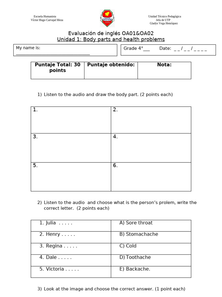 Unit 1 Health Problems Evaluación 4tos 14.04 | PDF