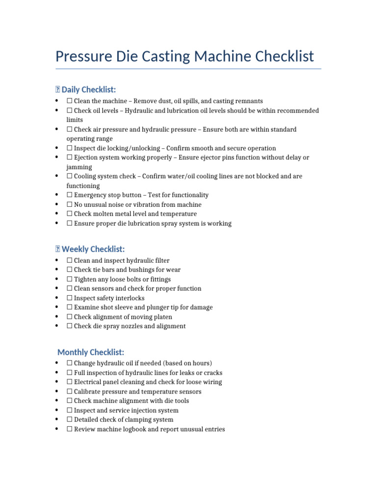 Pressure Die Casting Checklist | PDF