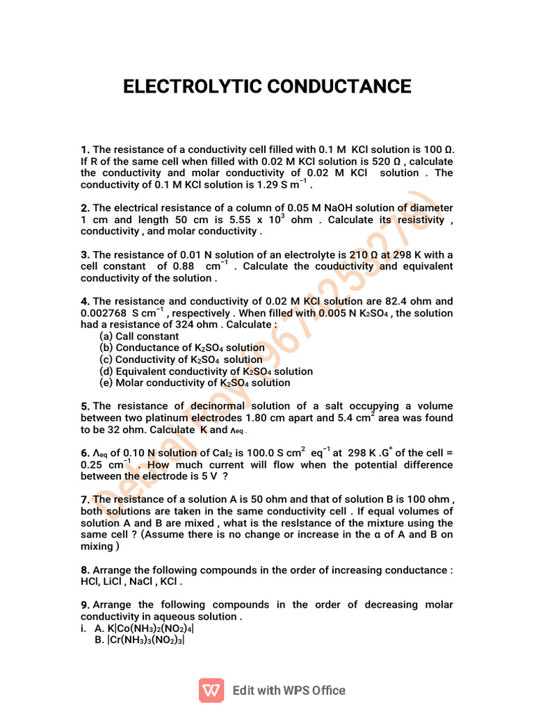 Conductivity and Resistance Calculations | PDF | Physical Chemistry ...