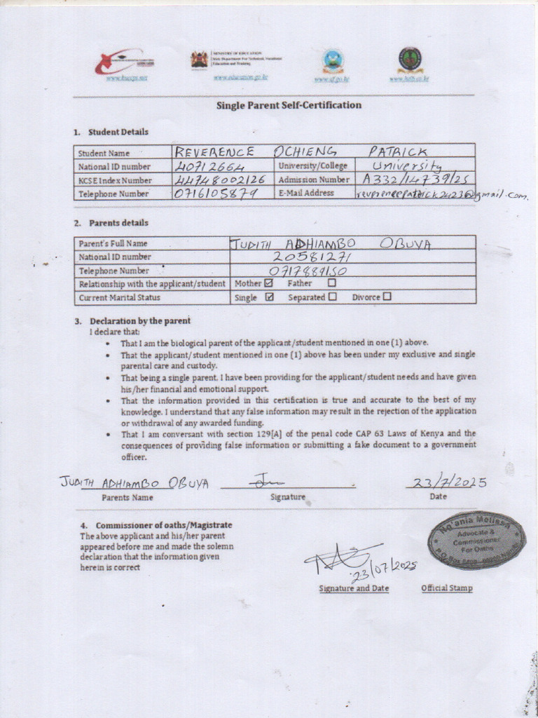 Reverence Single Parent Form | PDF