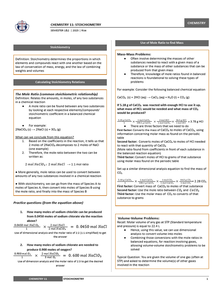 Chemistry 11 - Stoichiometry (Review Notes) | PDF | Stoichiometry ...