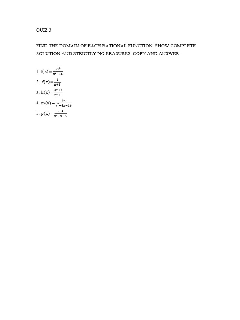 Domain of Rational Functions Quiz | PDF