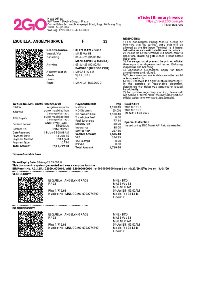 2GO Travel - Itinerary Receipt | PDF | Payments