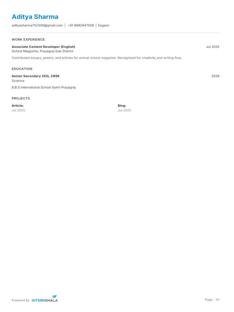 AdityaSharma InternshalaResume | PDF