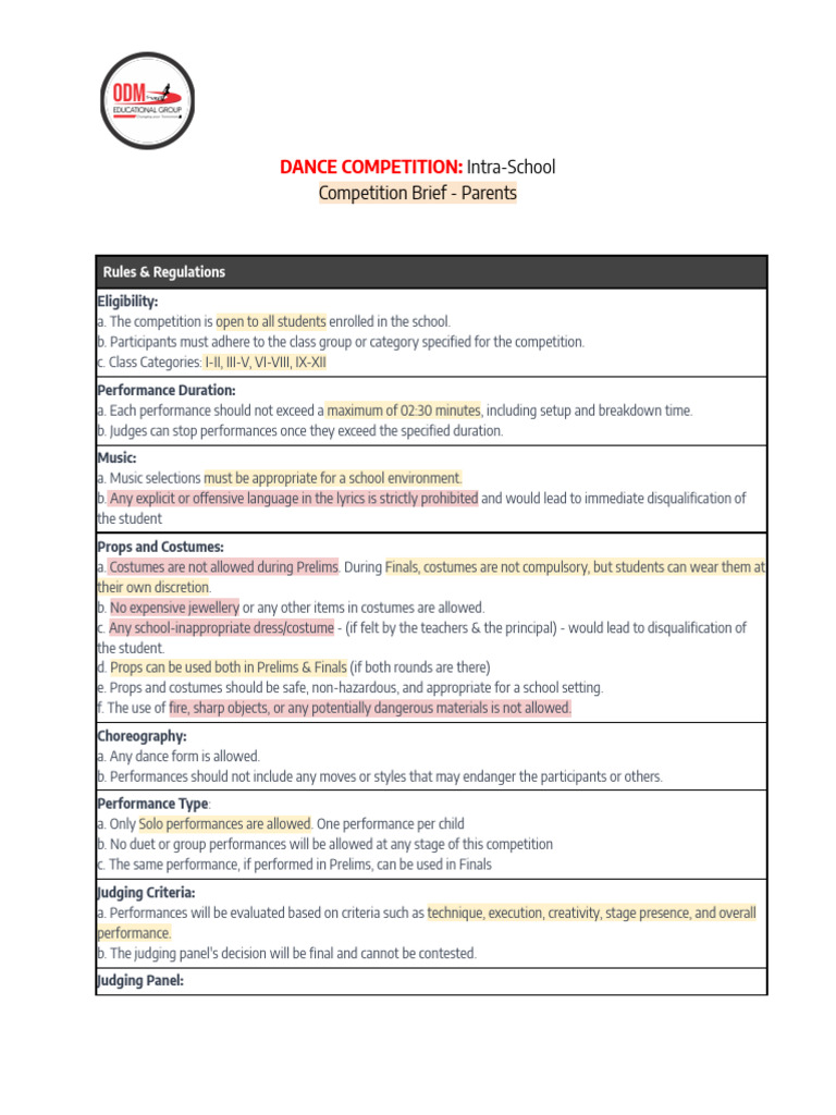 Parents Brief - Dance Competition - Intra School Competition Brief | PDF
