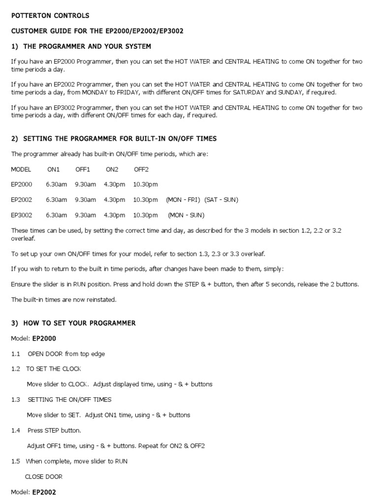 POTTERTON EP2000 EP2002 EP3002 User Manual | PDF | Thermostat | Switch