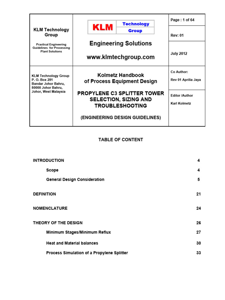 Engineering Design Guidelines Propylene c3 Splitter Rev1.2web | PDF | Distillation | Pressure