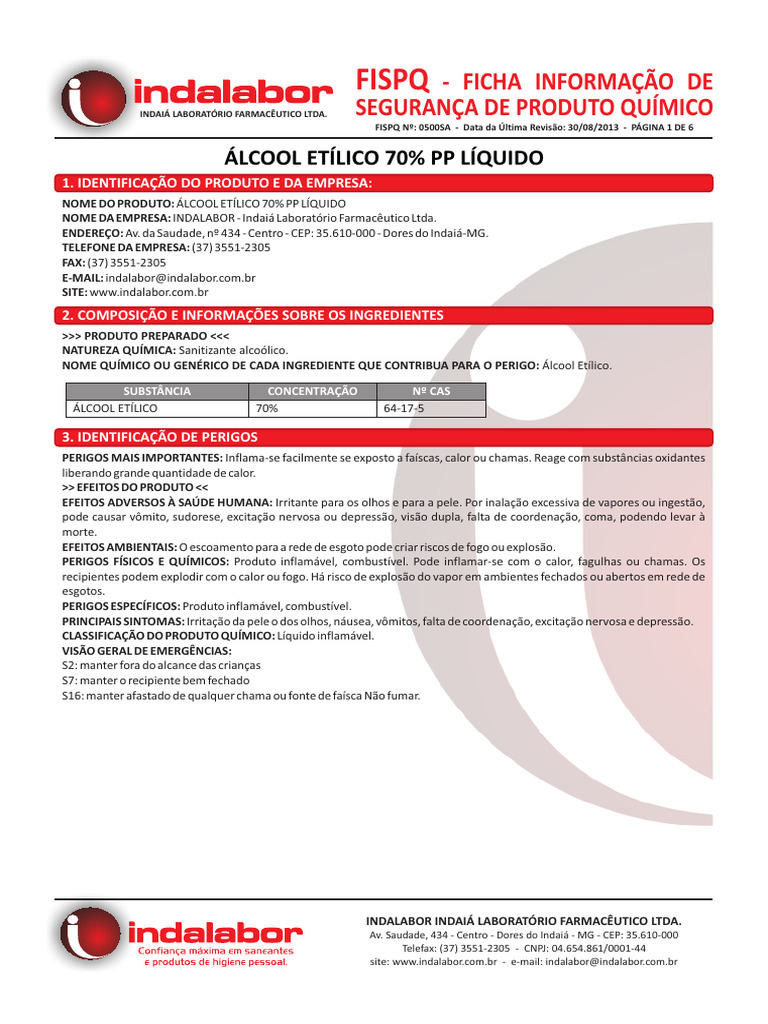 FISPQ Álcool Etílico 70% PP Líquido | PDF | Farmacêutico