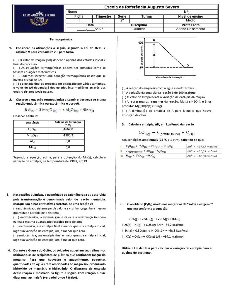 Ficha de Questões - Termoquímica | PDF | Entalpia | Reações químicas