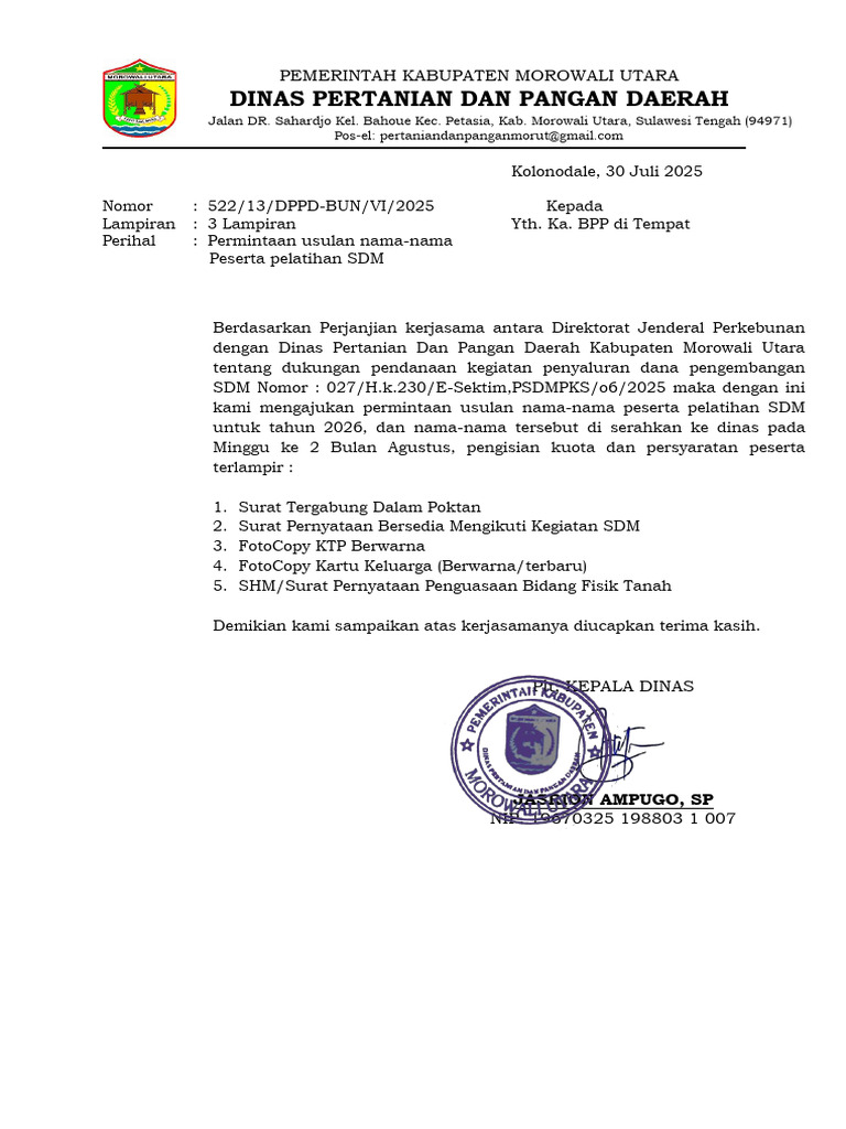 Surat Permintaan Usulan Peserta Pelatihan SDM | PDF