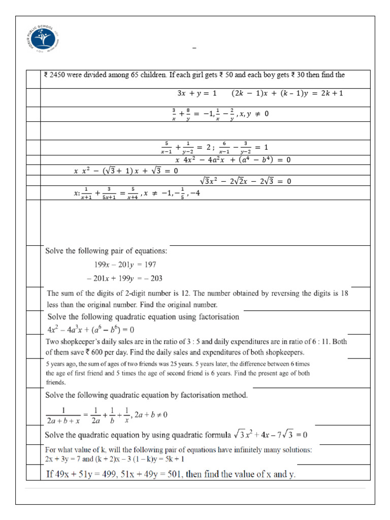 GR 10 Maths Worksheet 2 CH 3&4 | PDF
