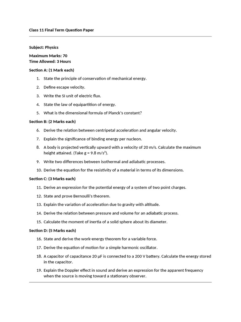 Class 11 Final Term Question Paper | PDF | Chemical Reactions | Velocity