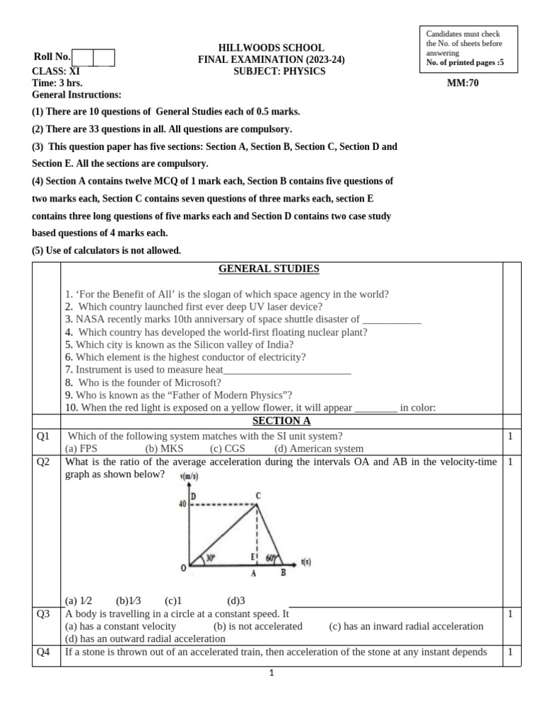 Class XI Physics Final Exam 2023-24 | PDF | Acceleration | Force