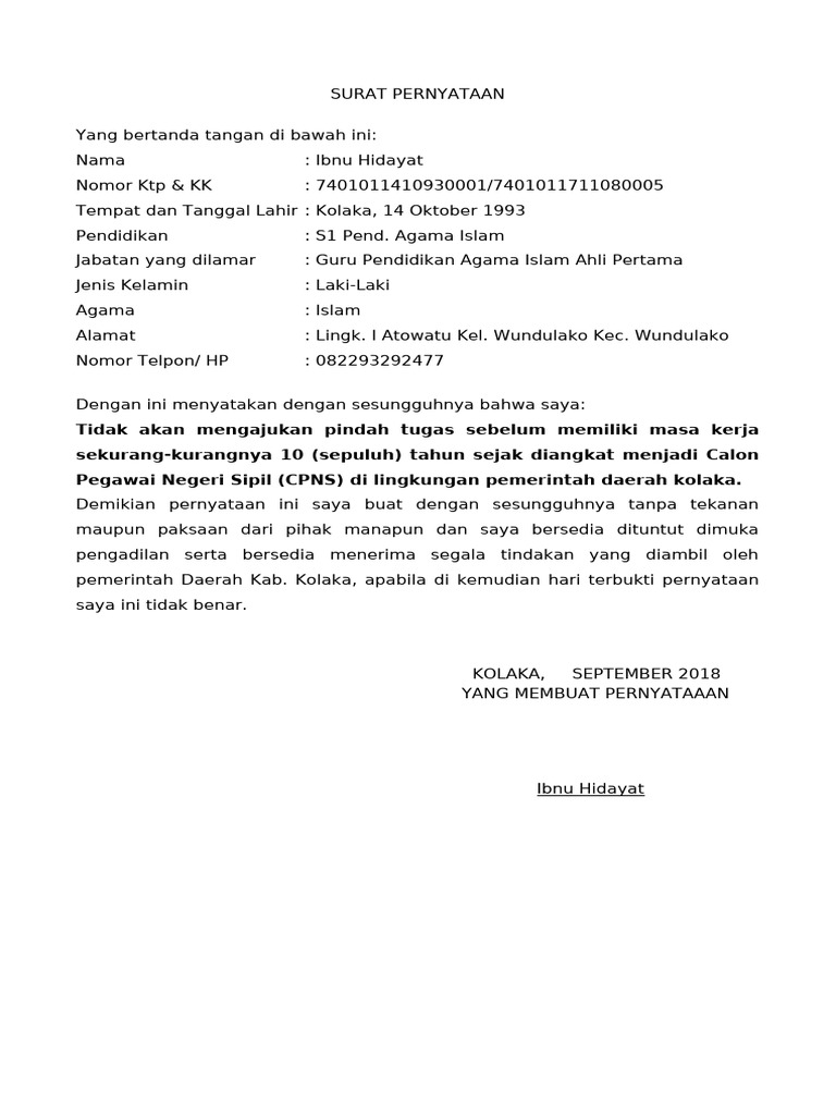 Surat Pernyataan Tidak Pindah Tugas | PDF