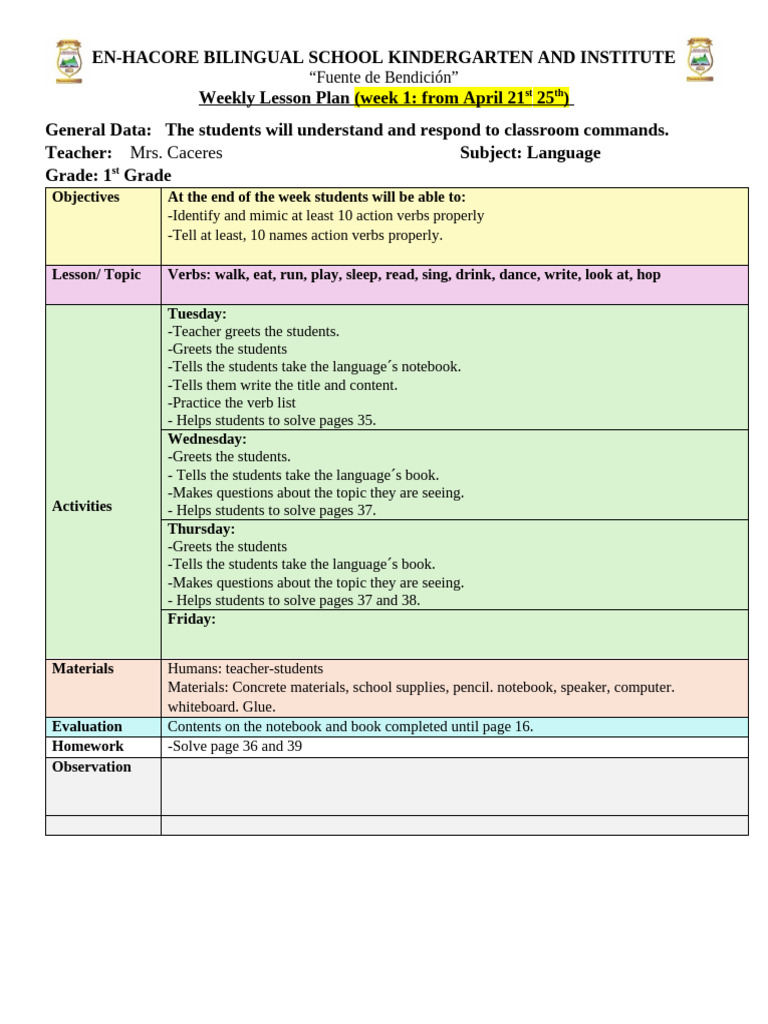 1st & 2nd Grade Weekly Lesson Plans | PDF | Lesson Plan | Linguistics