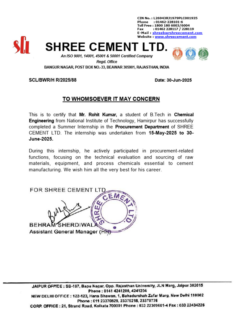 Shree Cement Internship Certificate | PDF