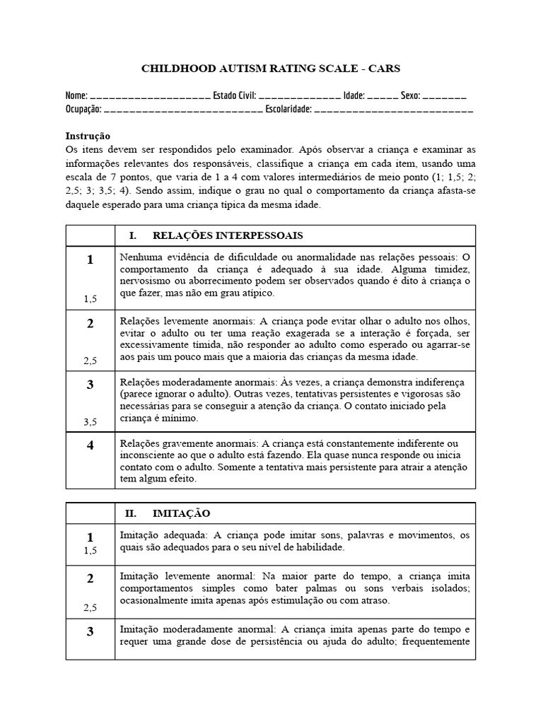 CARS - Childhood Autism Rating Scale | PDF | Emoções | Autismo