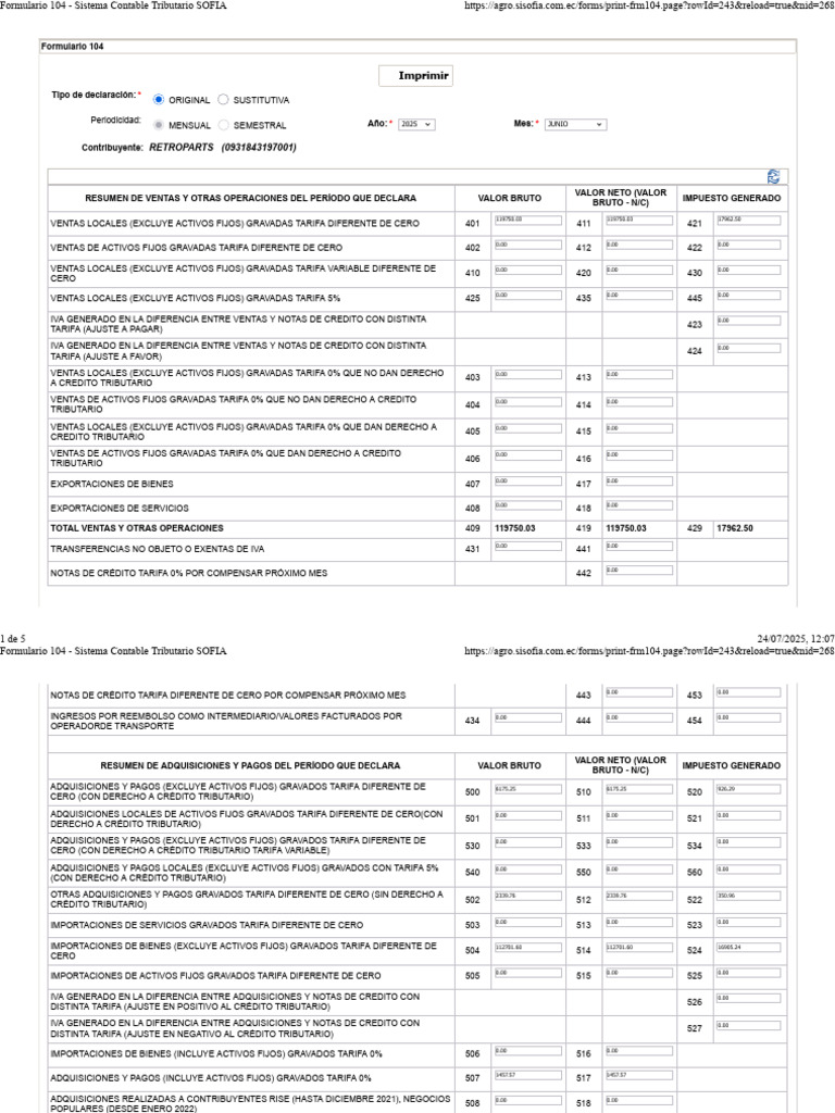 Formulario 104 - Sistema Contable Tributario SOFIA JUNIO | PDF | Impuesto al valor agregado ...