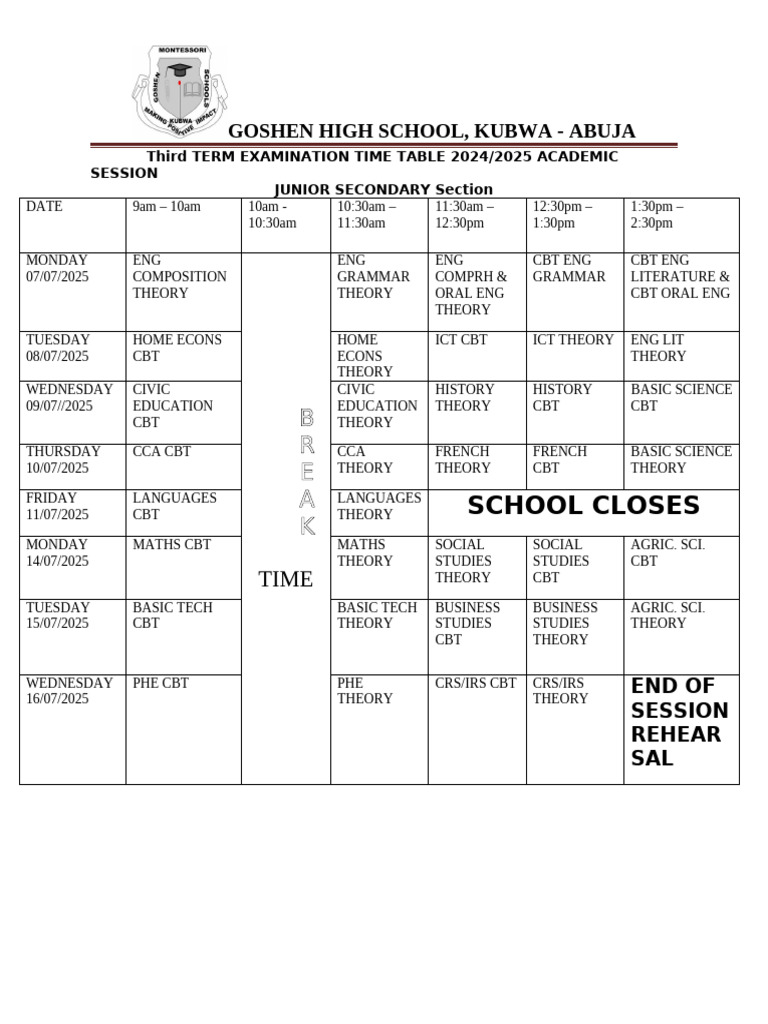 Junior Classes Third Term Examination Time Table 2024 | PDF