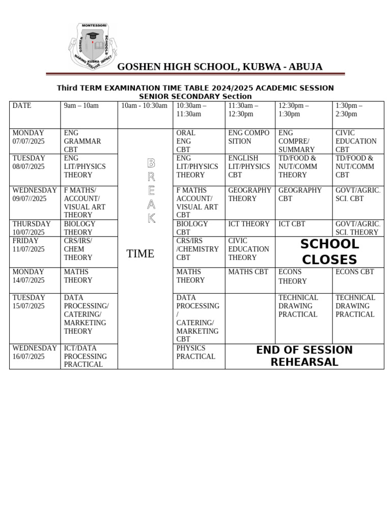 Senior Sec SCH Third Term Examination Timetable | PDF | Natural Sciences | Physical Sciences