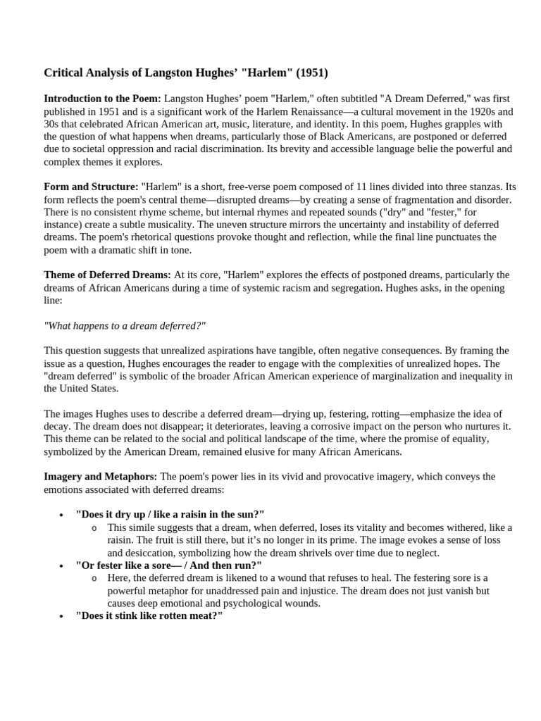 Critical Analysis of Langston Hughes' Harlem | PDF | Poetry | Metaphor