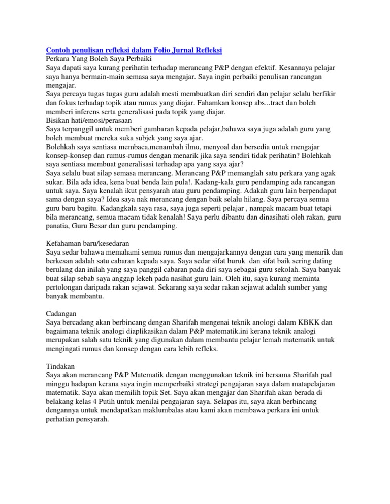 Contoh Penulisan Refleksi Dalam Folio Jurnal Refleksi | PDF