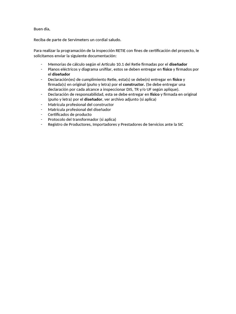 Listado Documentación para Certificación RETIE | PDF