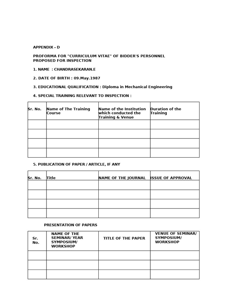 CV Format - MGL Tender | PDF
