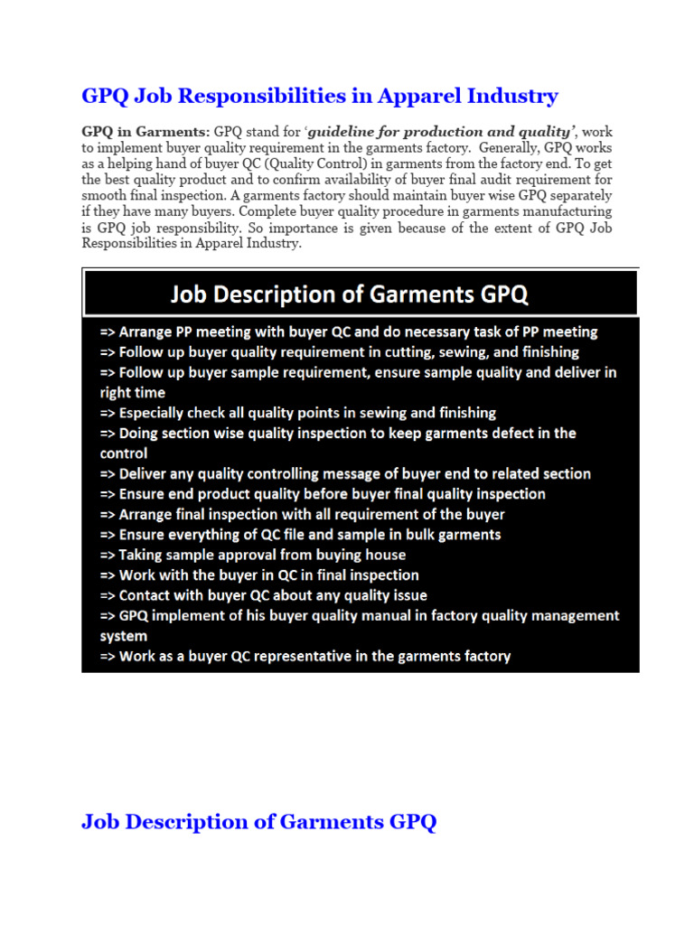 GPQ Job Responsibilities in Apparel Industry | PDF