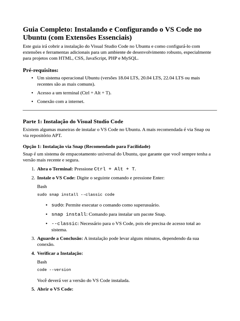 Guia Completo: Instalando e Configurando o VS Code no Ubuntu (com Extensões Essenciais) | PDF ...
